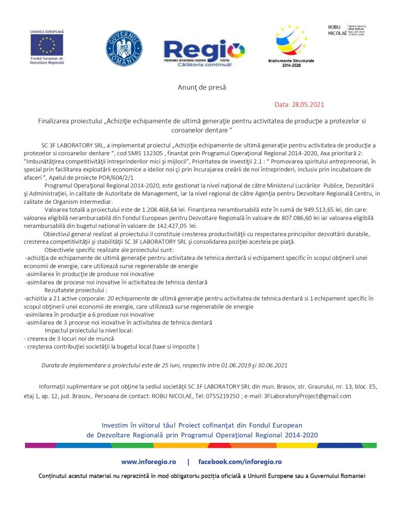 Finalizarea proiectului „Achiziţie echipamente de ultimă generaţie pentru activitatea de ...